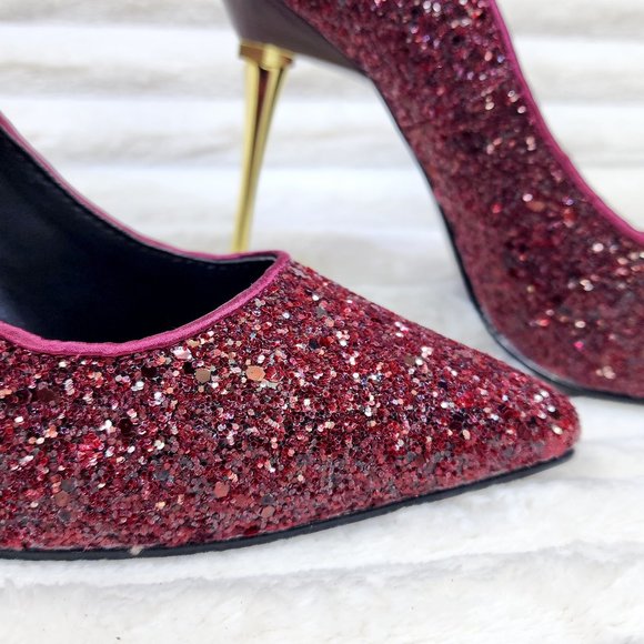 Pleaser | Shoes | Amuse Burgundy Red Glitter Pumps Slim Gold Tone Metal ...